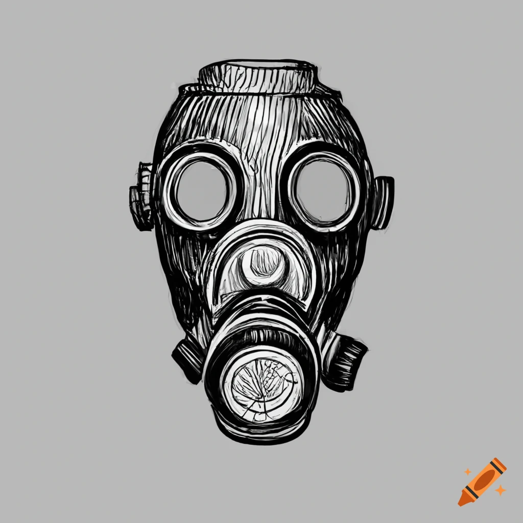 Drawing of a GP5 gas mask with sketch lines and rough shading in black ...