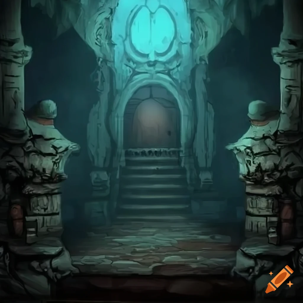 2D RPG game main menu with a dark dungeon background on Craiyon