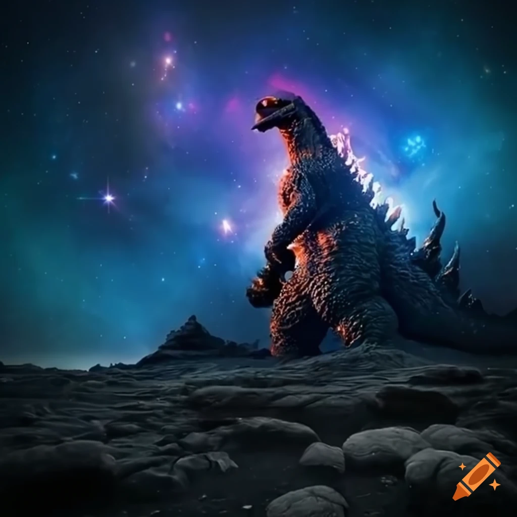Cosmic landscape with a giant godzilla galaxy creature on Craiyon