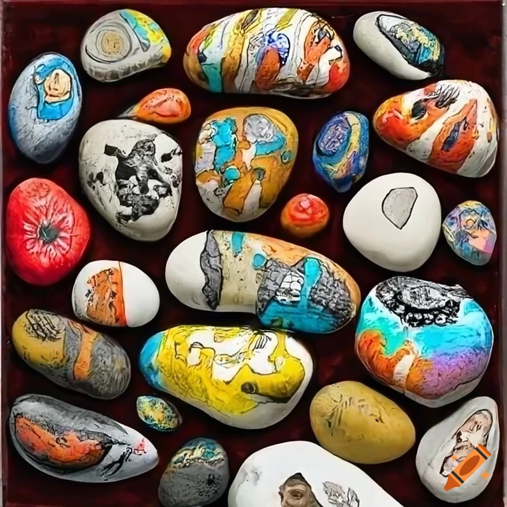 Photorealistic rock collection with painted album covers of popular ...