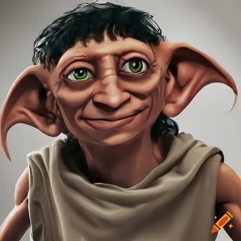 Happy smiling dobby the elf with a black mullet hair on Craiyon