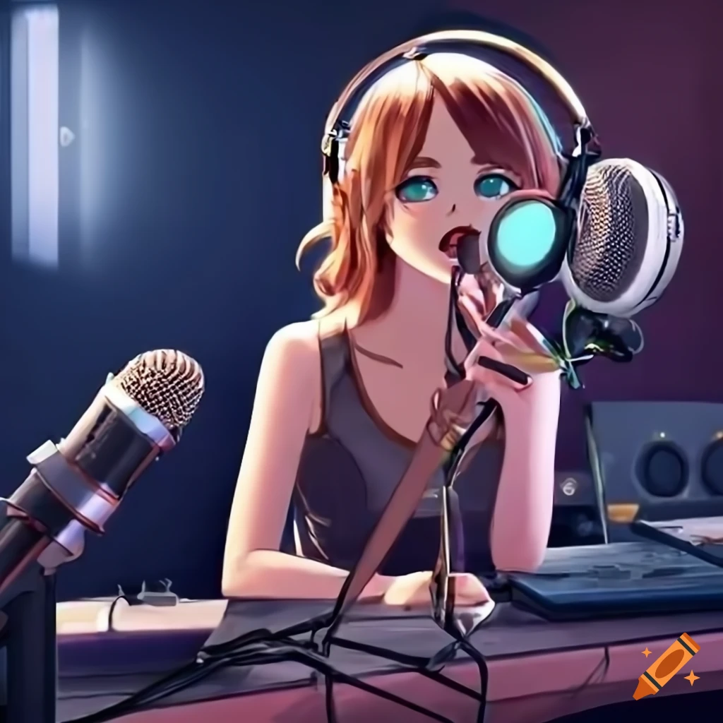 Curvy brown-haired Vocaloid character in a recording studio with ...