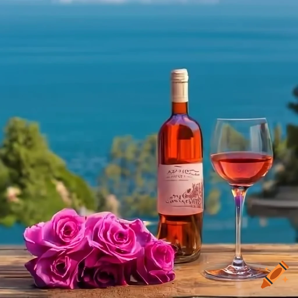 Roses and rose wine on a table with Cote d'Azur coastline in the ...