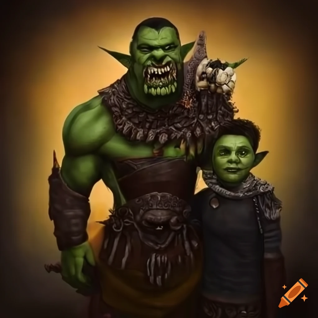 Orc family posing for a photo on Craiyon