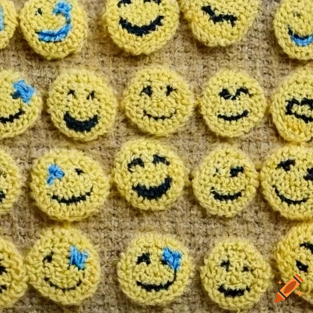 Yellow emoji faces pattern on crochet fabric on Craiyon