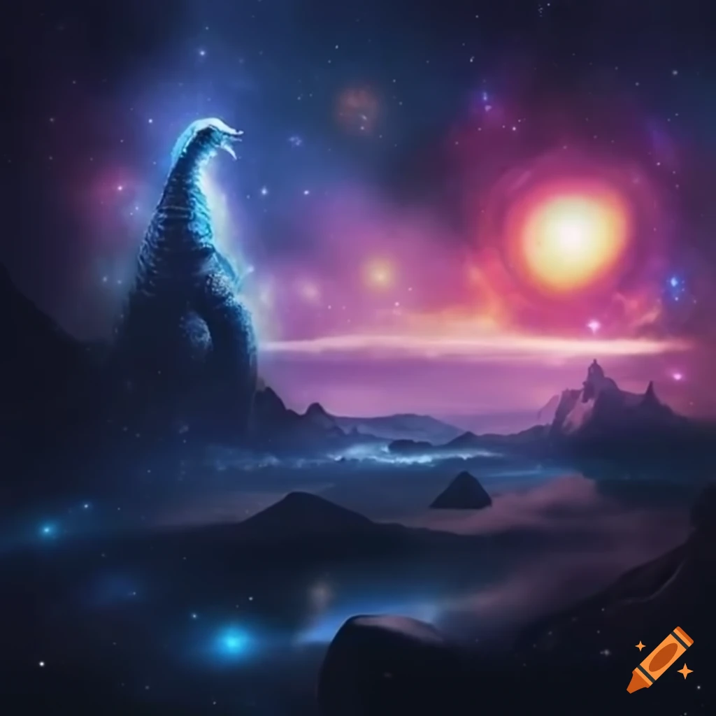 Cosmic landscape with a giant godzilla-like galaxy creature on Craiyon