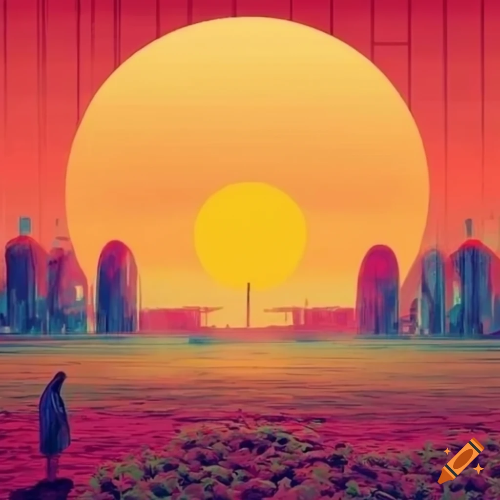 Joyful summer solstice scene in colored retro-futuristic art on Craiyon