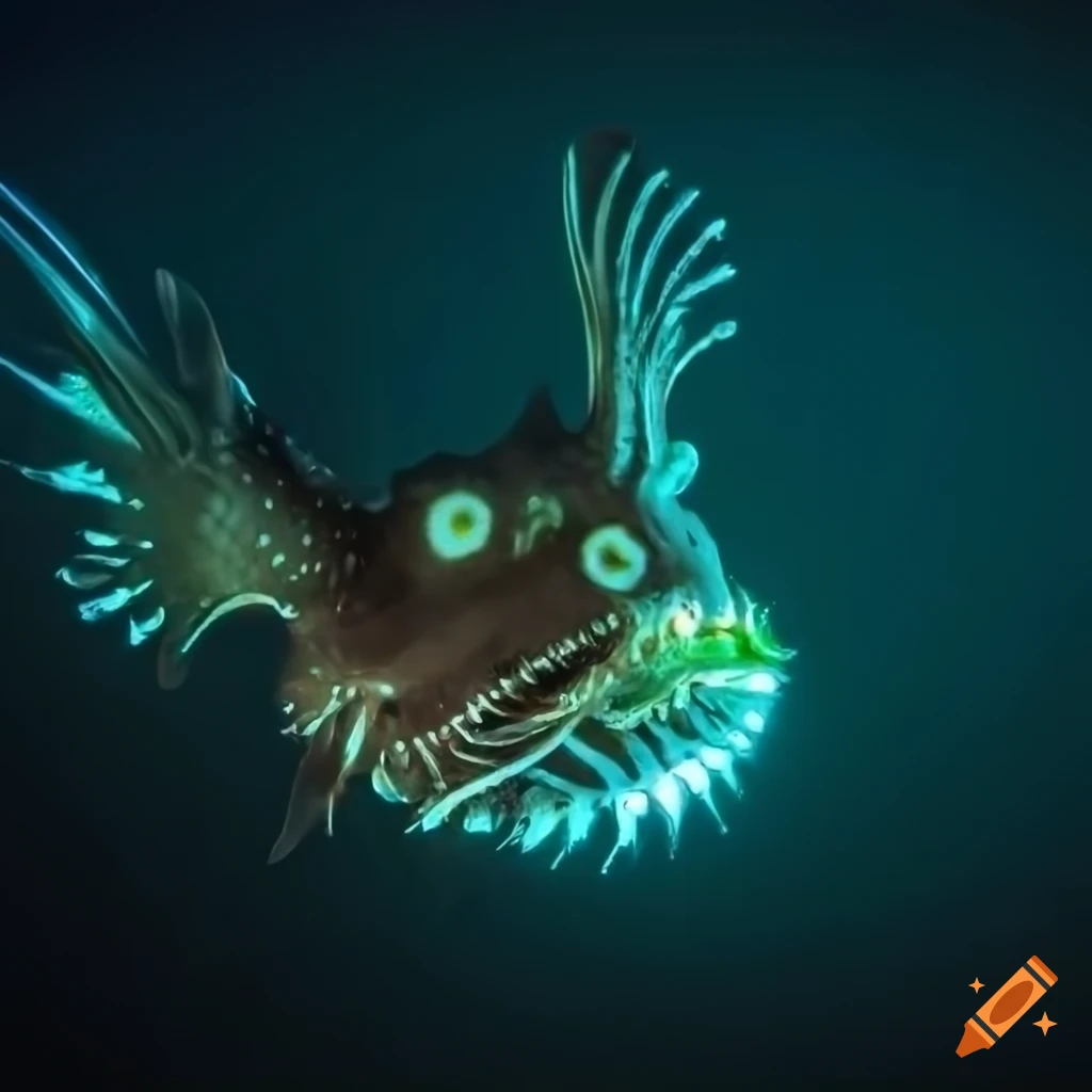 Alien angler fish with glowing bulb and razor-sharp teeth in the dark ...