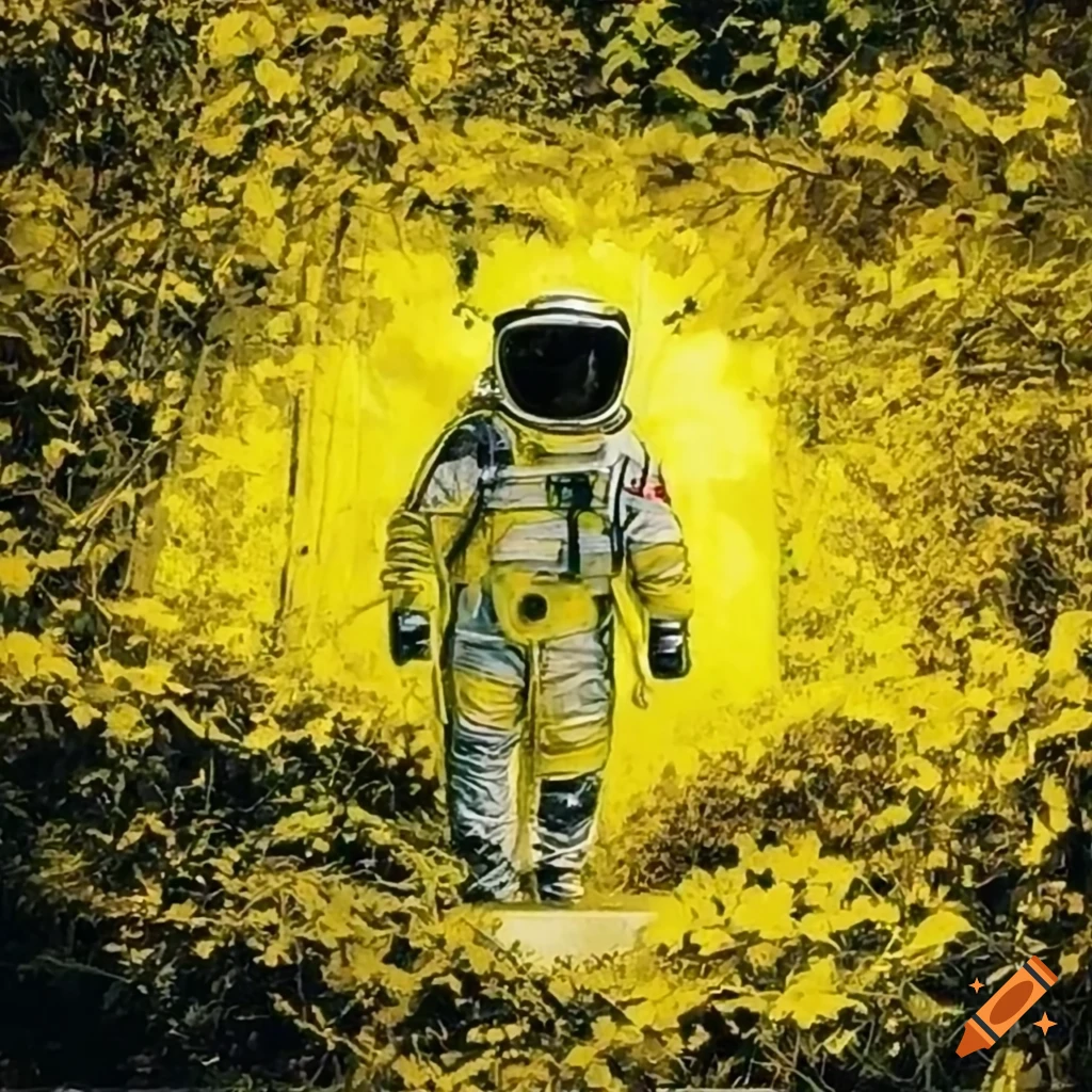 Yellow astronaut in a japanese alley surrounded by vines and plants on ...