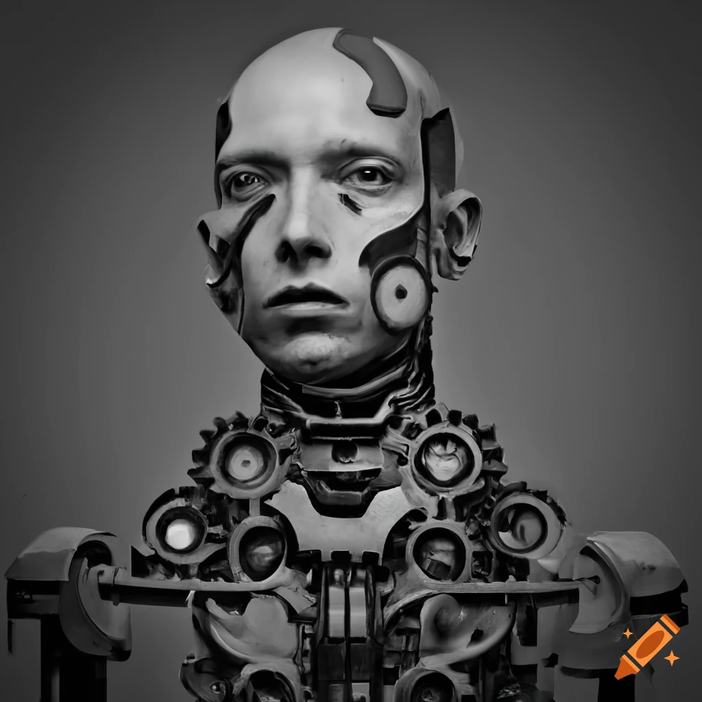 1880s style male cyborg in a transparent dress shirt with x-ray gears ...