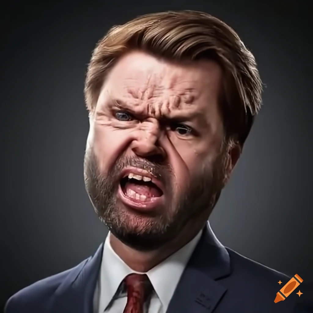 Senator JD Vance with intense makeup and screaming on CNN on Craiyon