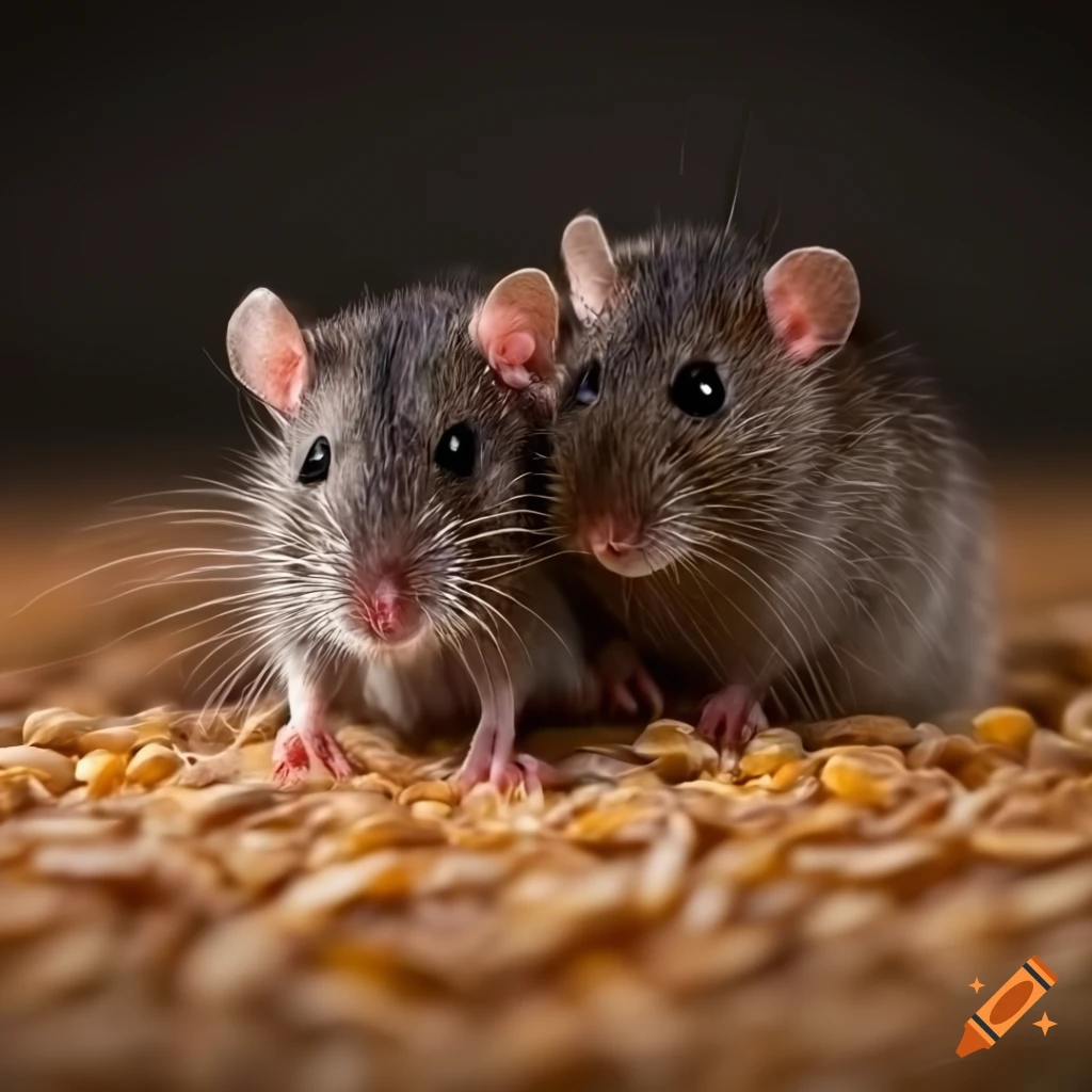 Two rats sitting on grains in a photorealistic depiction on Craiyon