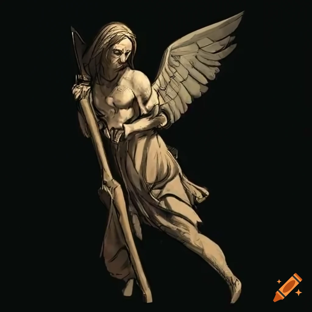Sad angel holding a longsword in sketchy pencil drawing with da Vinci ...