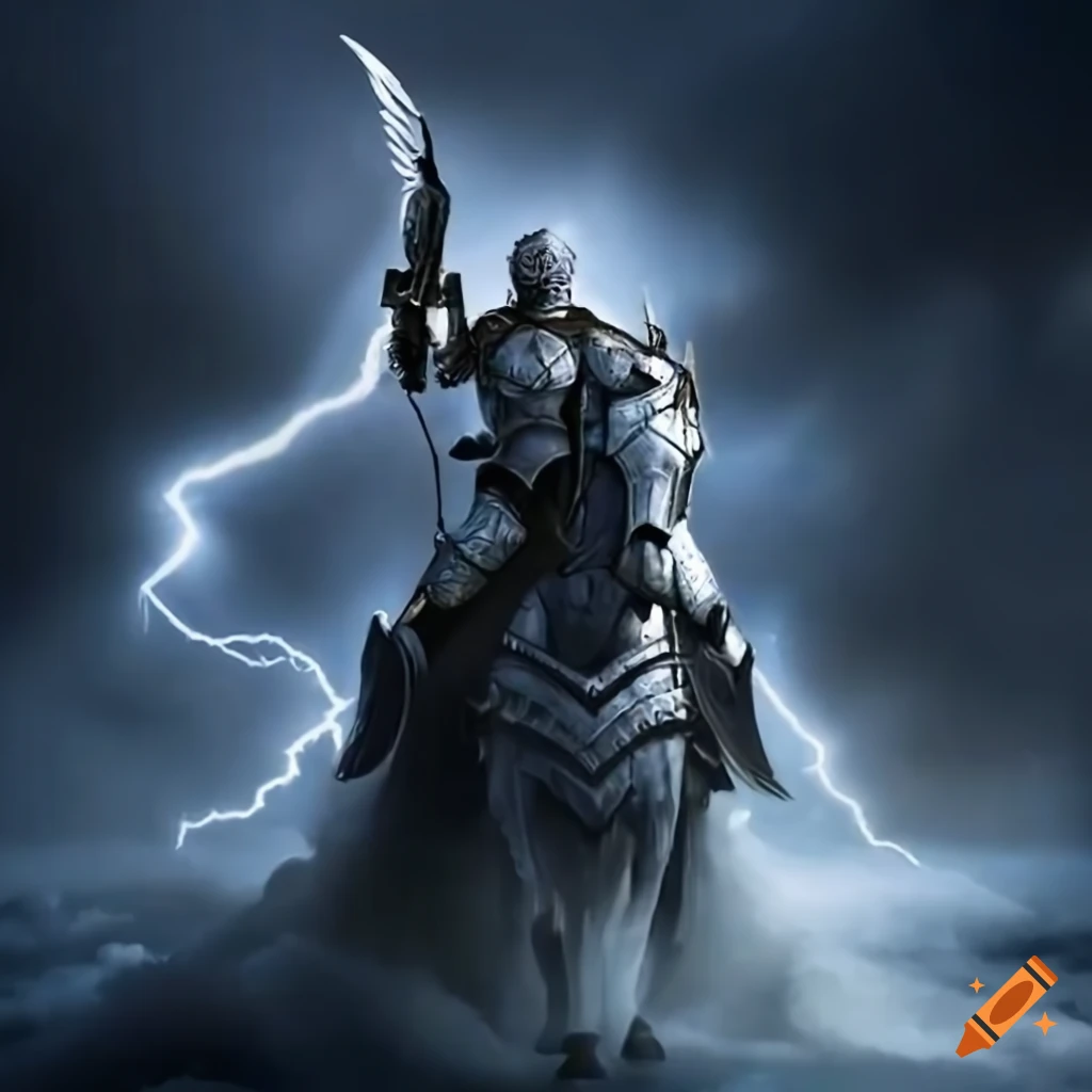 Powerful angels in white armor riding through stormy clouds with ...