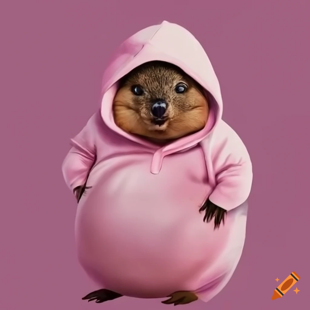 Fat and obese quokka in a faded pink hoodie on Craiyon