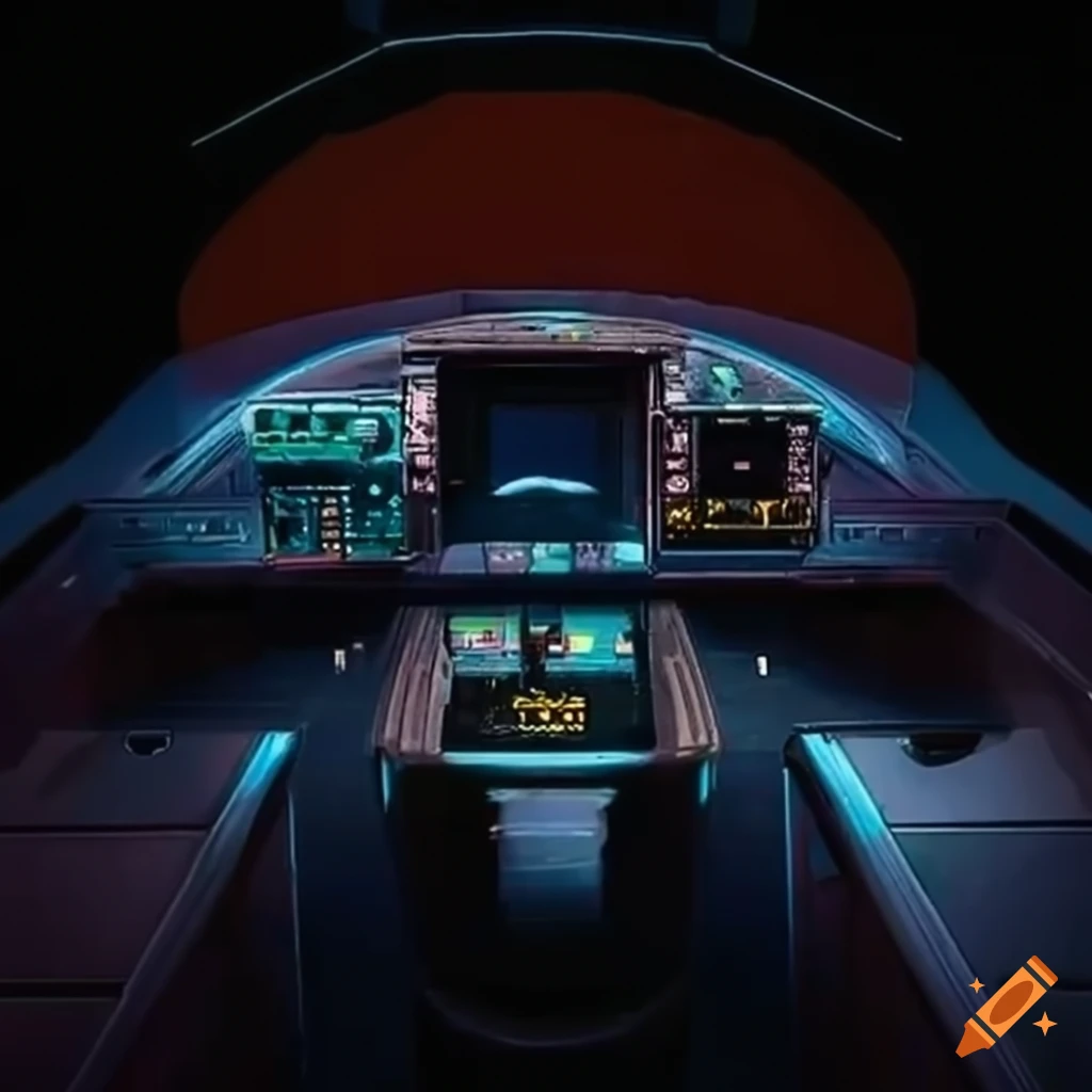 80's retro futuristic starship cockpit with one seat on Craiyon