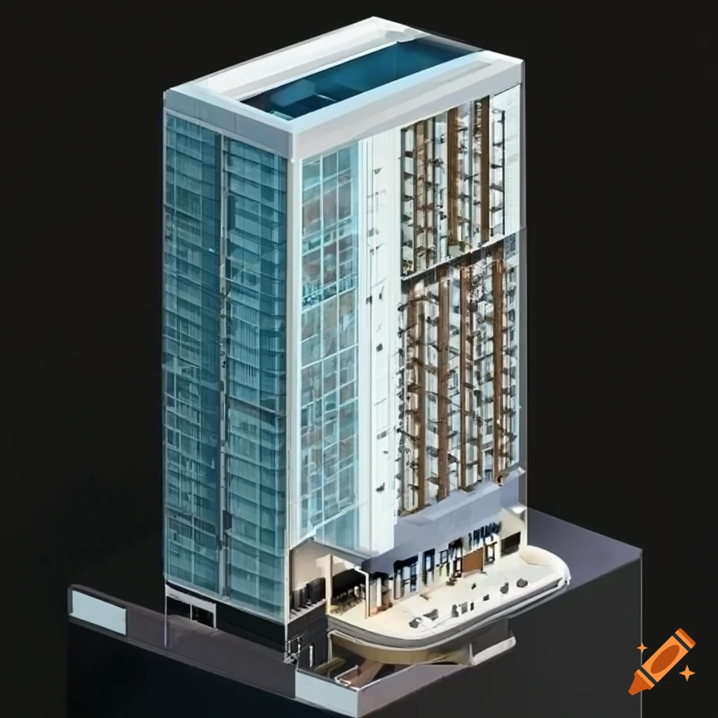 Isometric view of a contemporary hotel with tall glass windows on Craiyon