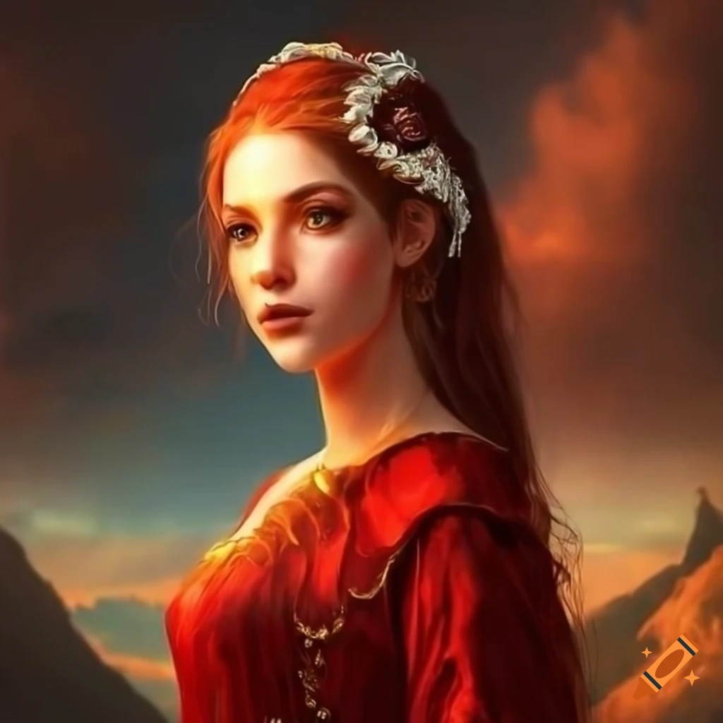 Young woman in a red medieval dress in a fairytale setting on Craiyon
