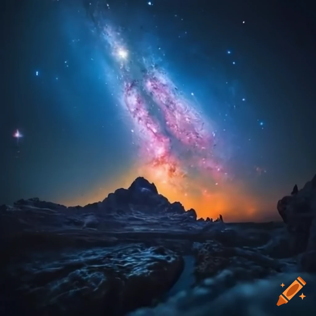 Cosmic landscape with a giant Godzilla galaxy creature on Craiyon