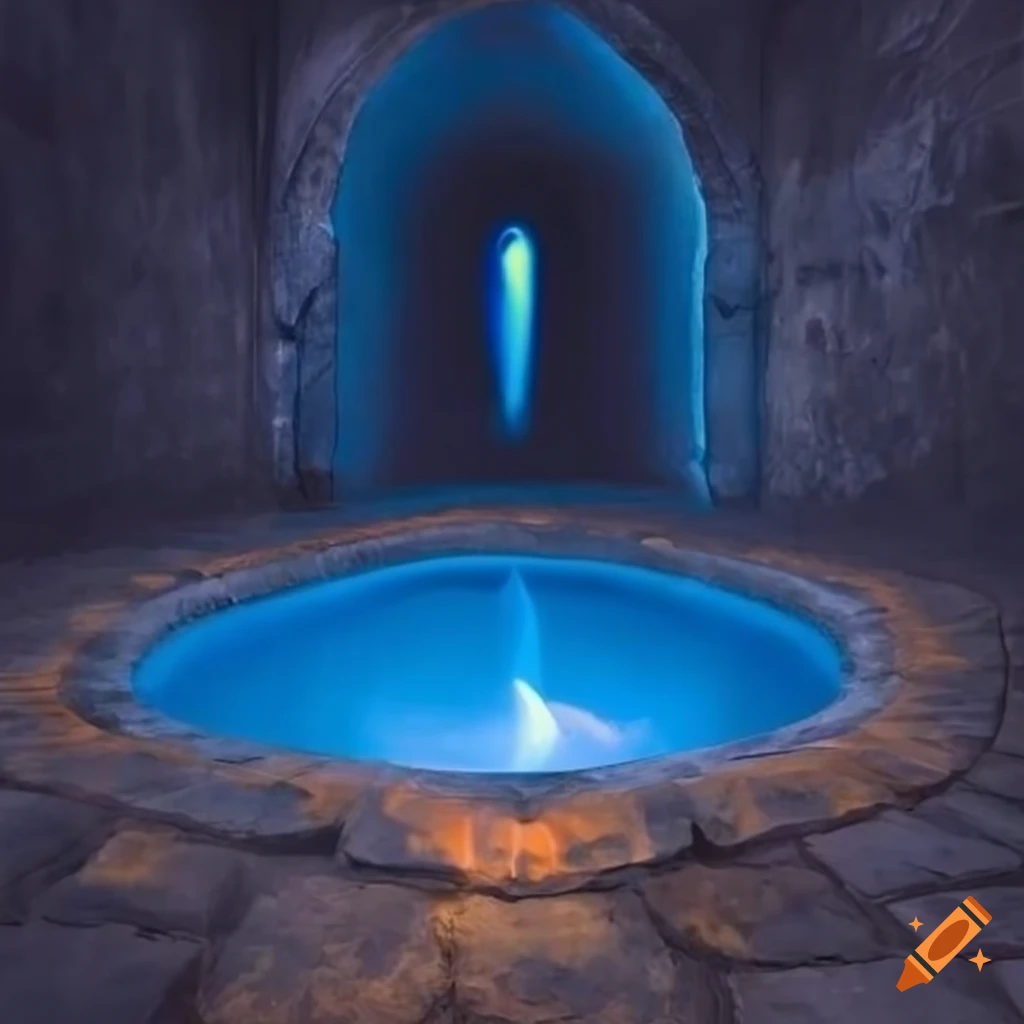 Small dark stone room with blue flames and a golden pool on Craiyon