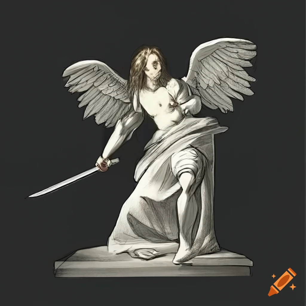 Sad angel holding a longsword with pencil sketch style, inspired by Da ...