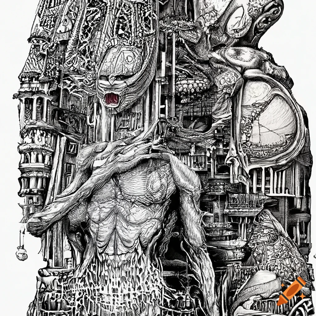 Intricate pen and ink drawing of alien architecture with demi-humans by ...