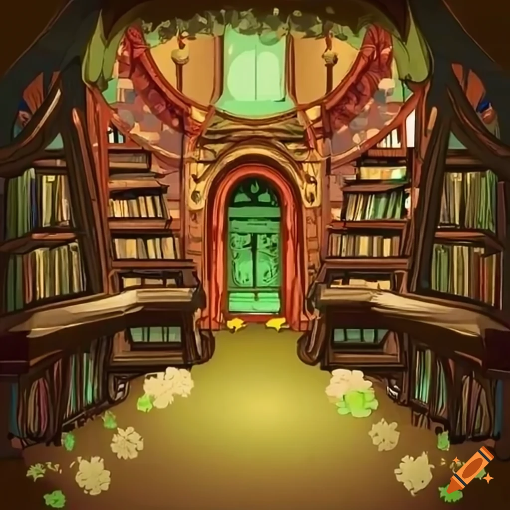 Charming library in a lush green forest with old books and relics on ...