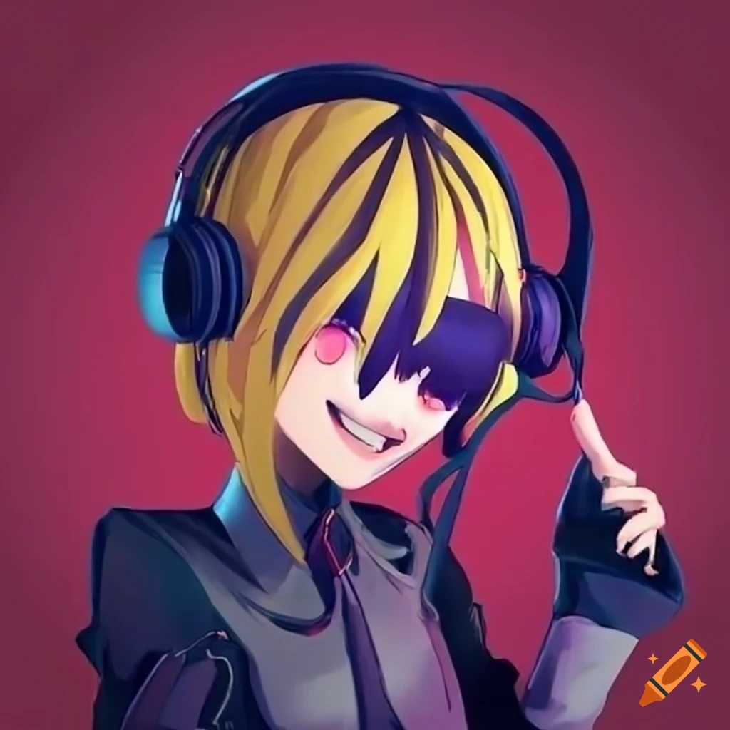 Vocaloid style character recording a podcast with headphones and ...