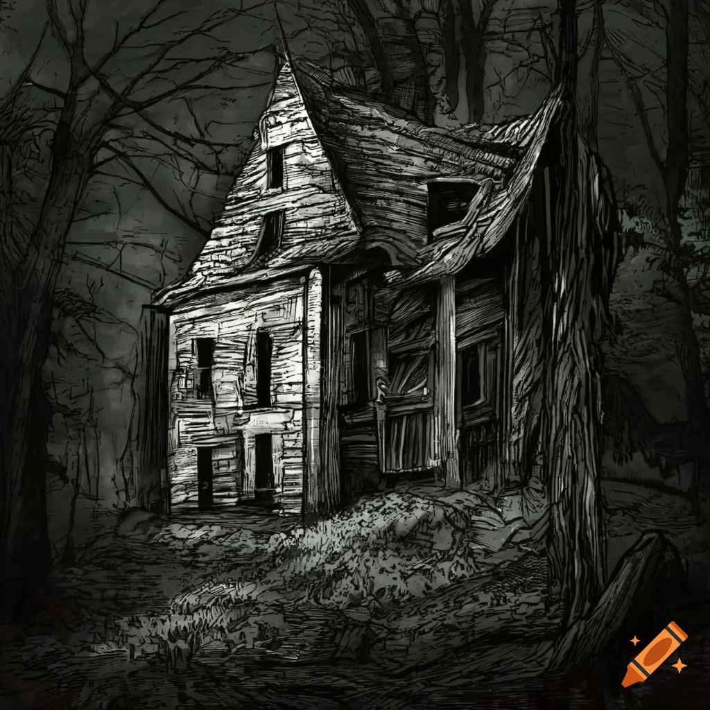 Creepy abandoned house ruins in a forest, sketch engraving on Craiyon