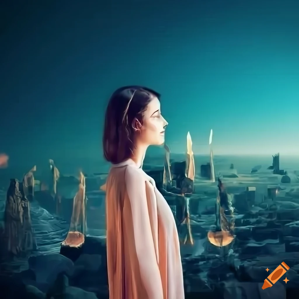 Young woman contemplating world issues in a landscape background on Craiyon