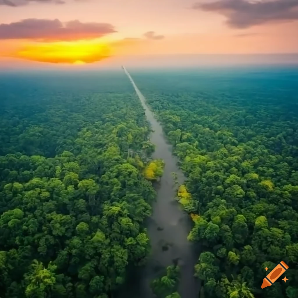 Aerial view of Vietnamese forest with palm trees at sunrise on Craiyon