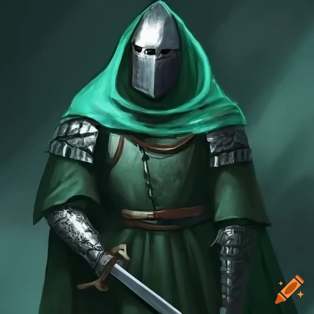 Medieval soldier in green cloak with longsword in dark shadows on Craiyon