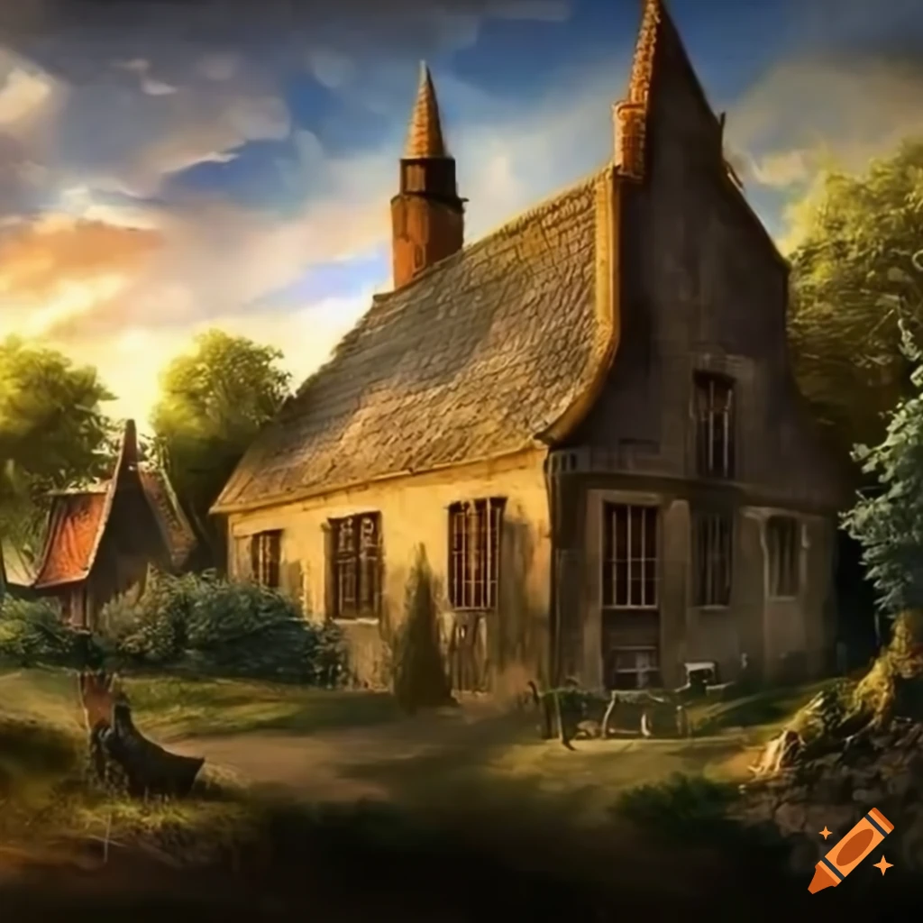 Storybook illustration of a medieval countryside village in the ...