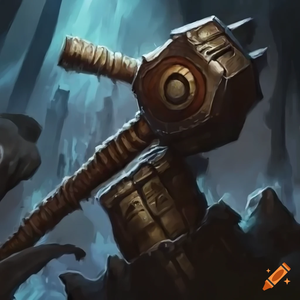 Artist depiction of a giant hammer in a fantasy setting on Craiyon