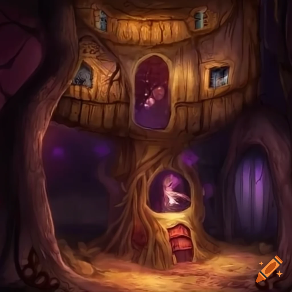 Anime tree house basement with fairies, magic, and research on Craiyon