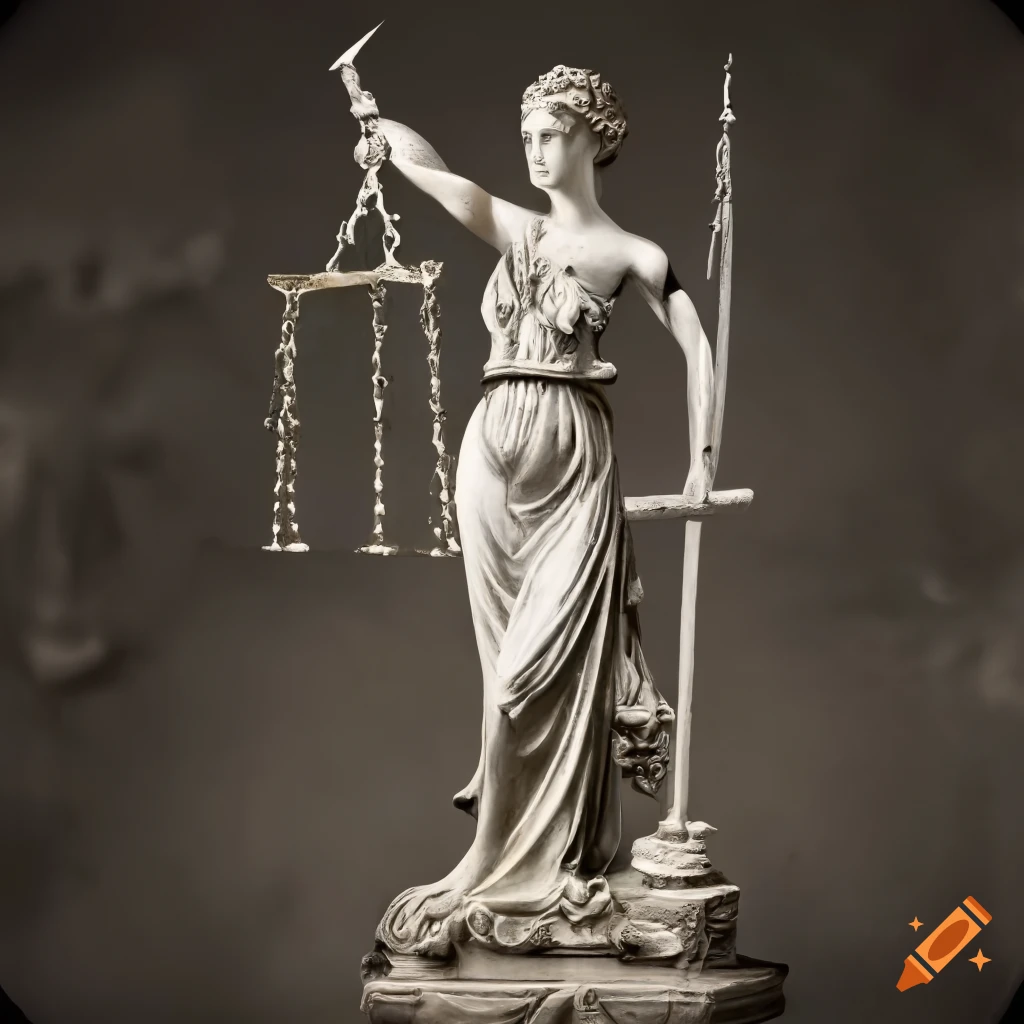 Statue of Lady Justice with ruined scales and broken sword on Craiyon