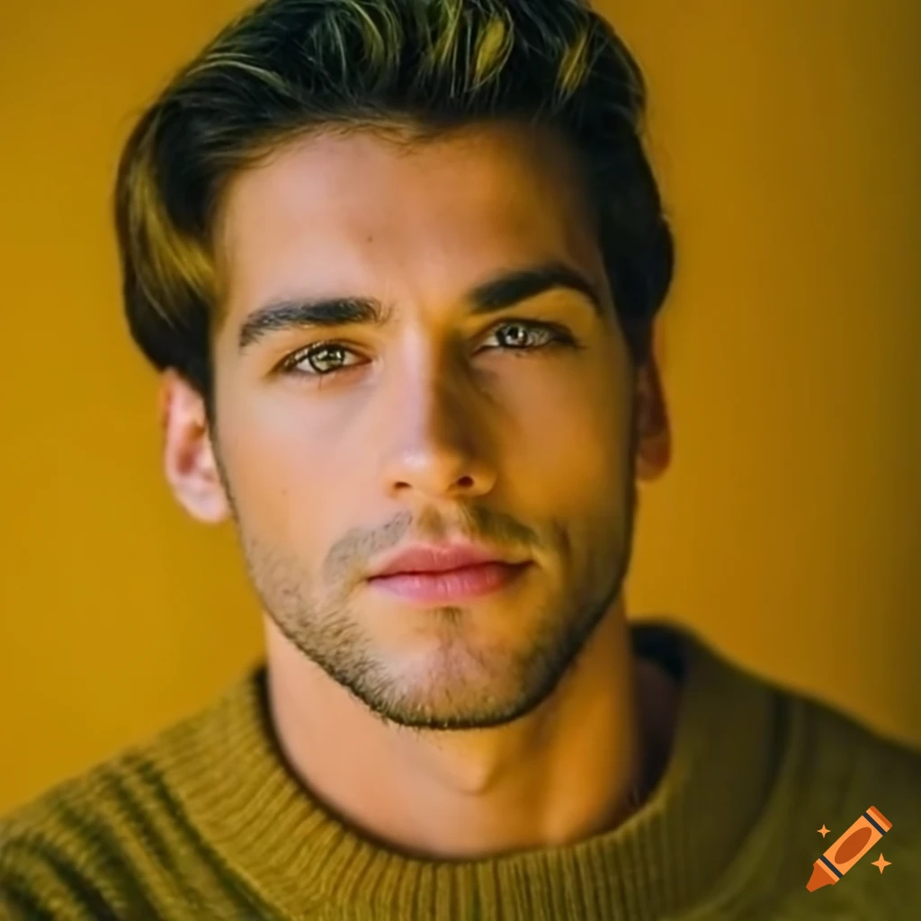 Attractive man with yellow eyes and hair in a close-up photo with ...