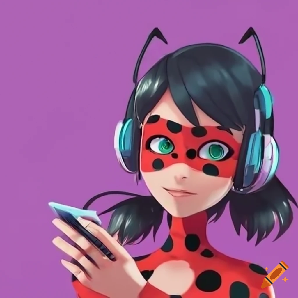 Vocaloid ladybug podcast host with headphones and microphone on Craiyon
