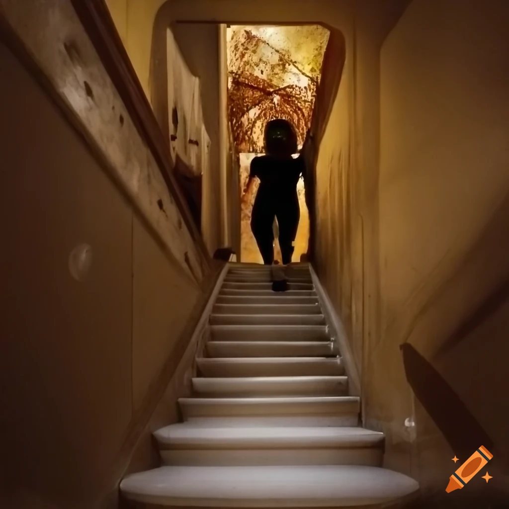 Descending dimly lit basement stairs with creaking steps and cobwebs on ...