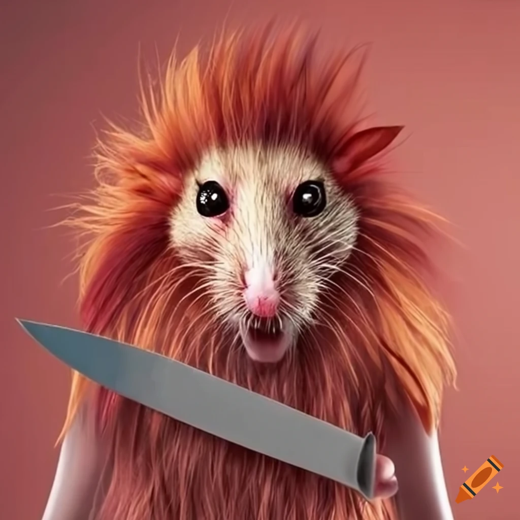 Rat with big teeth and red long hair holding a knife on Craiyon