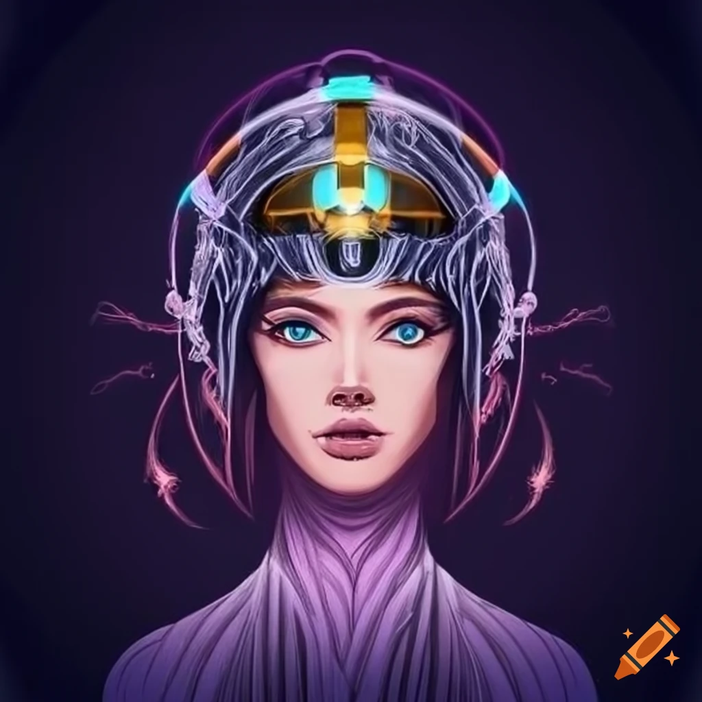 Athena with sci-fi neuro-tech helmet and wire hair in an innovative ...