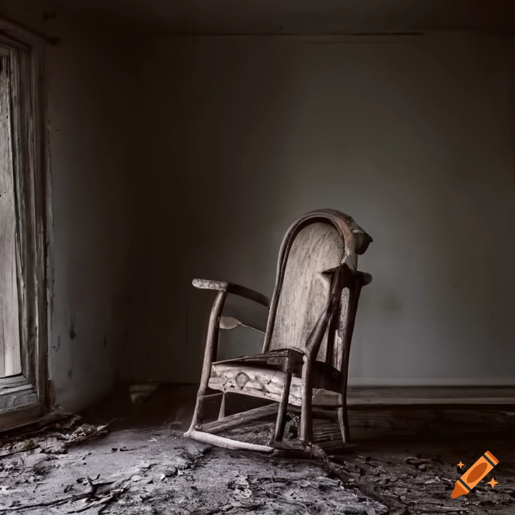 Atmospheric shot of an abandoned 90s house with an old rocking chair on ...