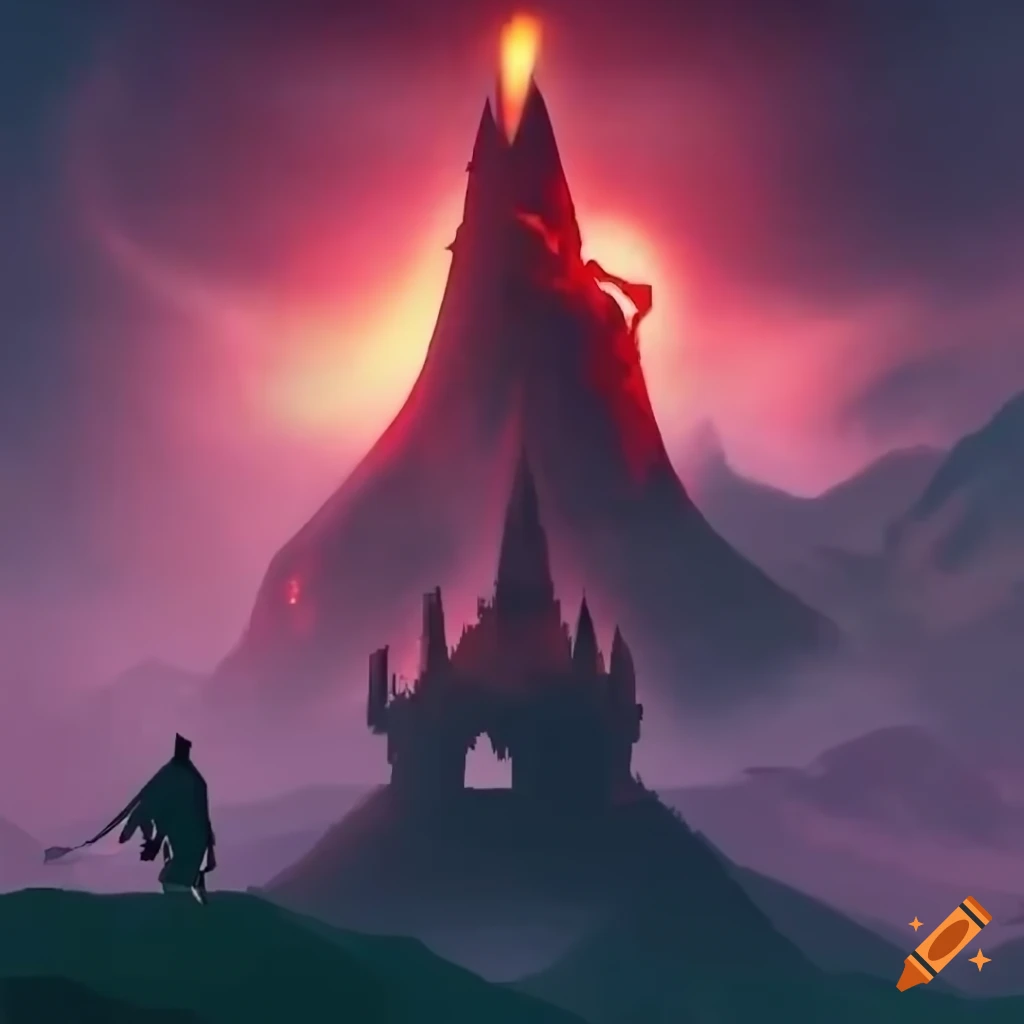 Enchanting fairytale scene with volcanic mountains, demon castle, and ...