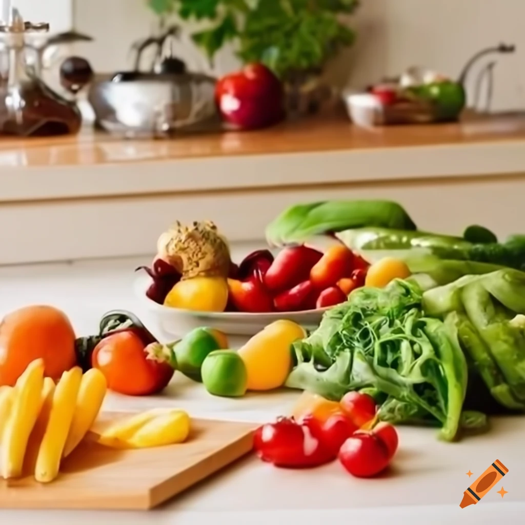 Kitchen table with fruits and vegetables on Craiyon