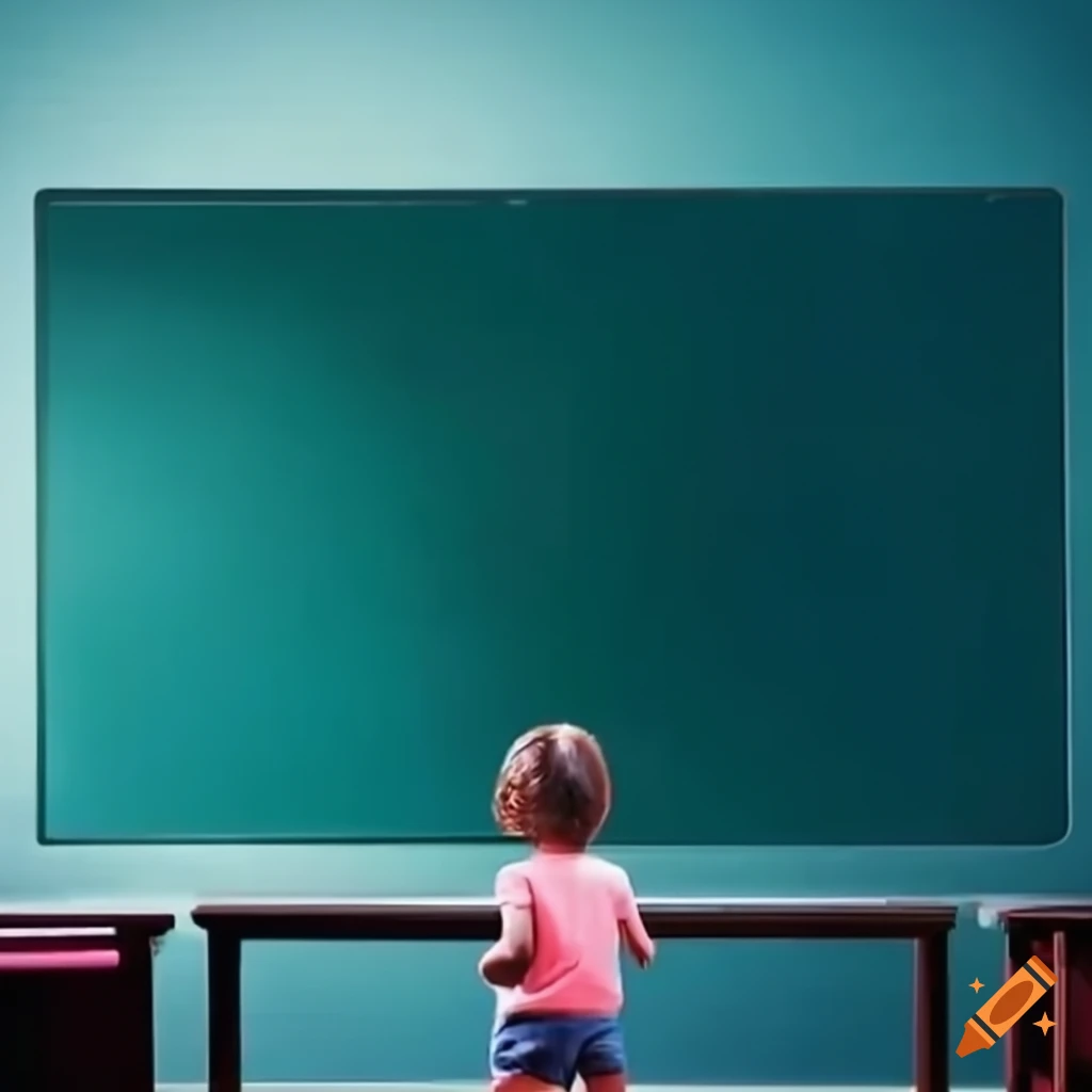 Large TV playing slideshow in classroom with kid standing nervously on ...