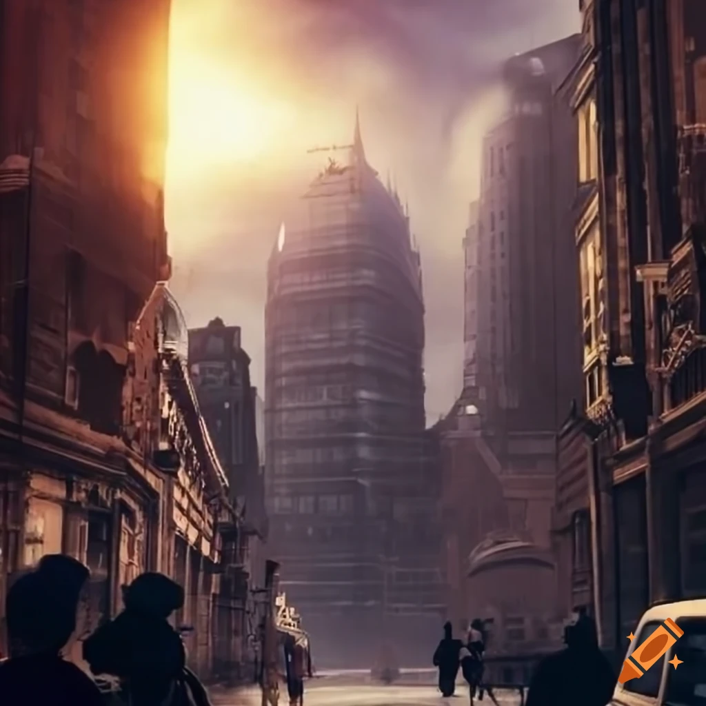 Steampunk cityscape with high-rise buildings and sunlight breaking ...