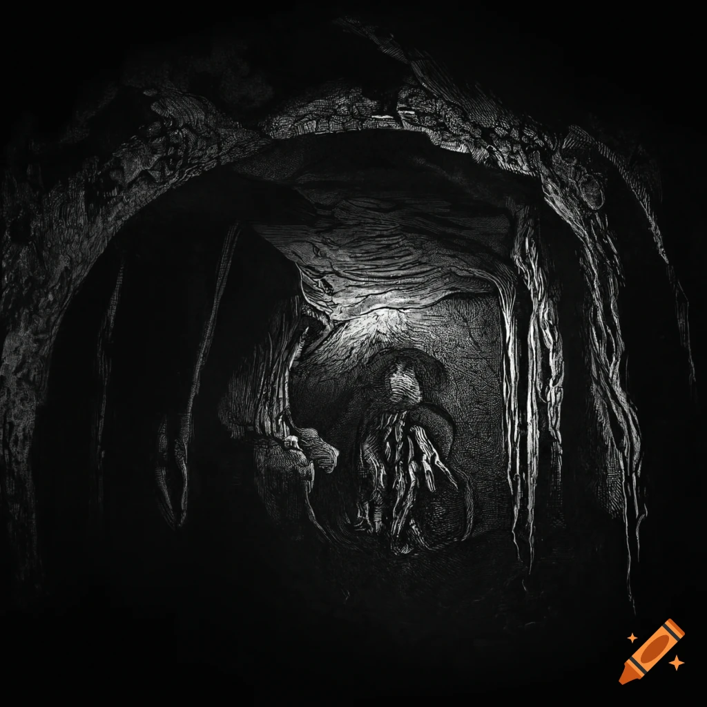 Engraving of sinister mole creatures in a dark cave on Craiyon