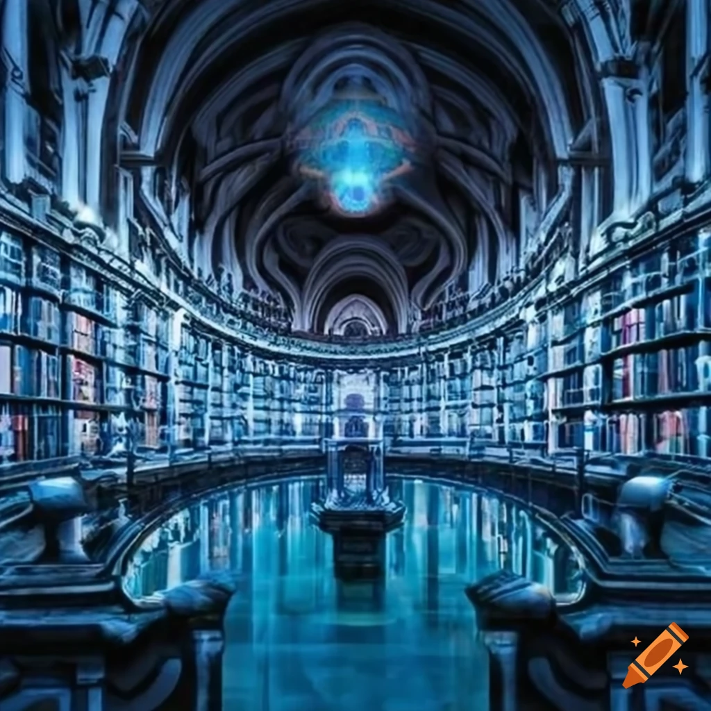 Library with arcane symbols, levitating platforms, and otherworldly ...