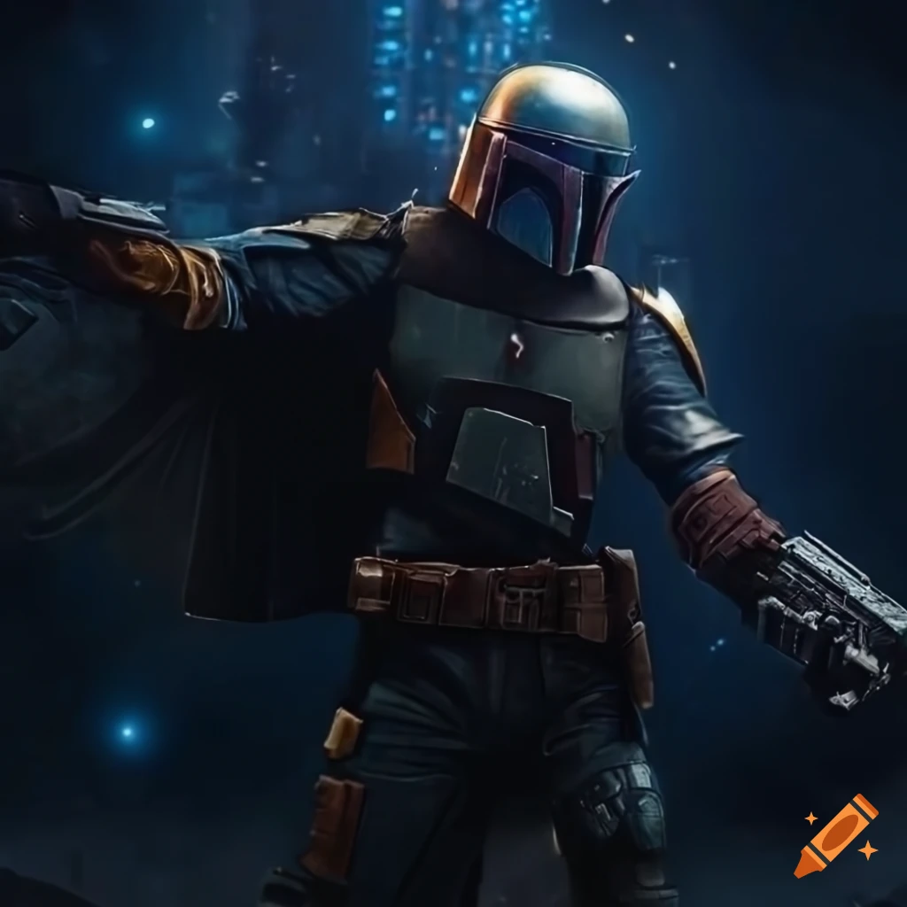 Boba fett flying over a cyberpunk metropolis in the rain shooting ...