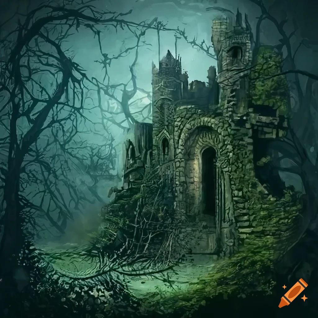 Illustration of abandoned castle ruin with cobwebs and vines, highly ...